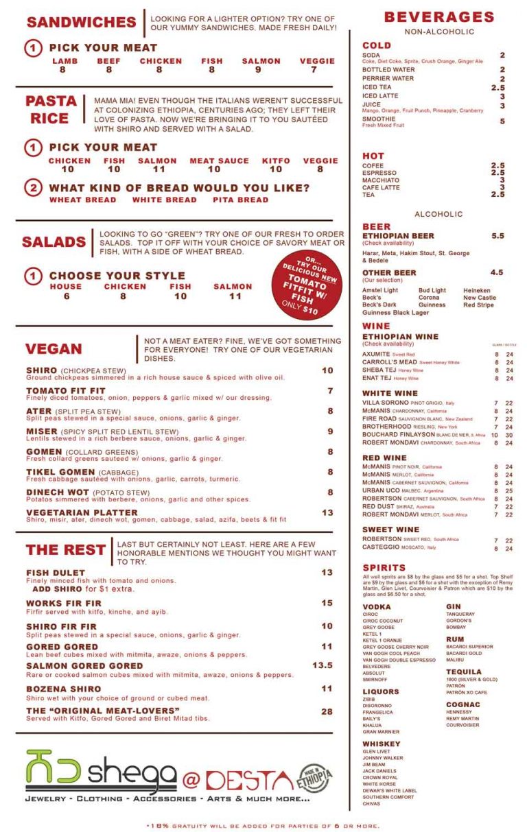 Desta Ethiopian Kitchen – Menu - Go Dreamz Group of Companies